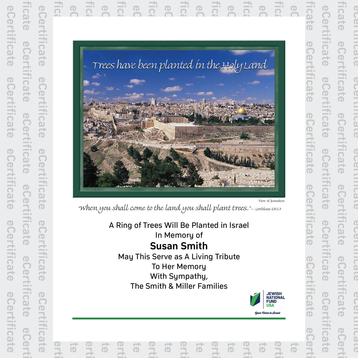 Holy Land Certificate - Trees For Israel | Jewish National Fund-USA
